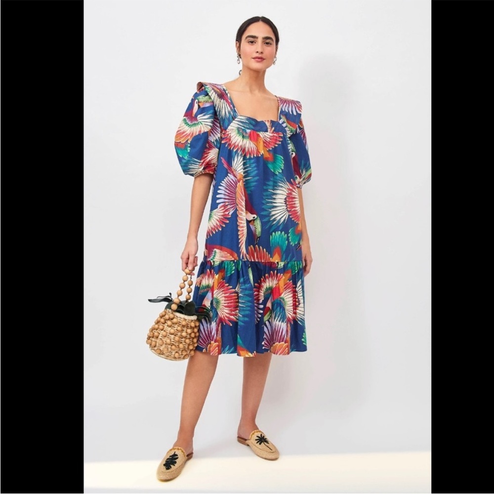 Farm Rio Navy Colorful Toucans Midi Dress S - Gem